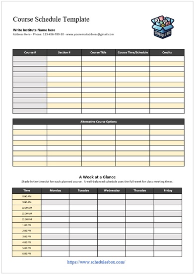 Free Course Schedule Templates - Schedules Box