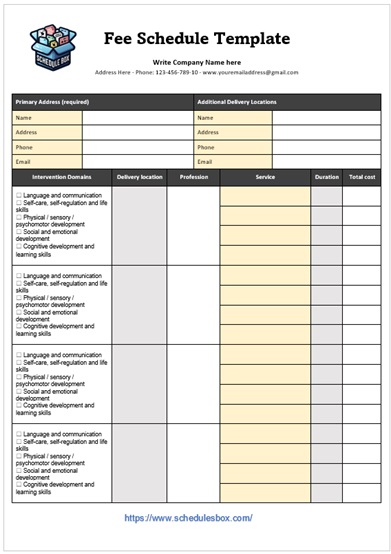 Free Fee Schedule Templates - Schedules Box