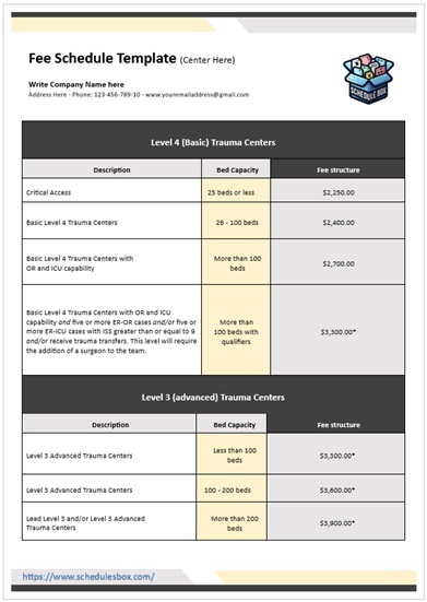 Free Fee Schedule Templates - Schedules Box