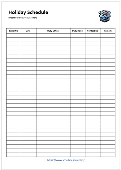Holiday Schedule Templates - Schedules Box