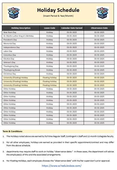 Holiday Schedule Templates - Schedules Box