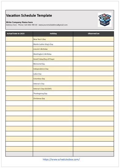 Vacation Schedule Templates - Schedules Box